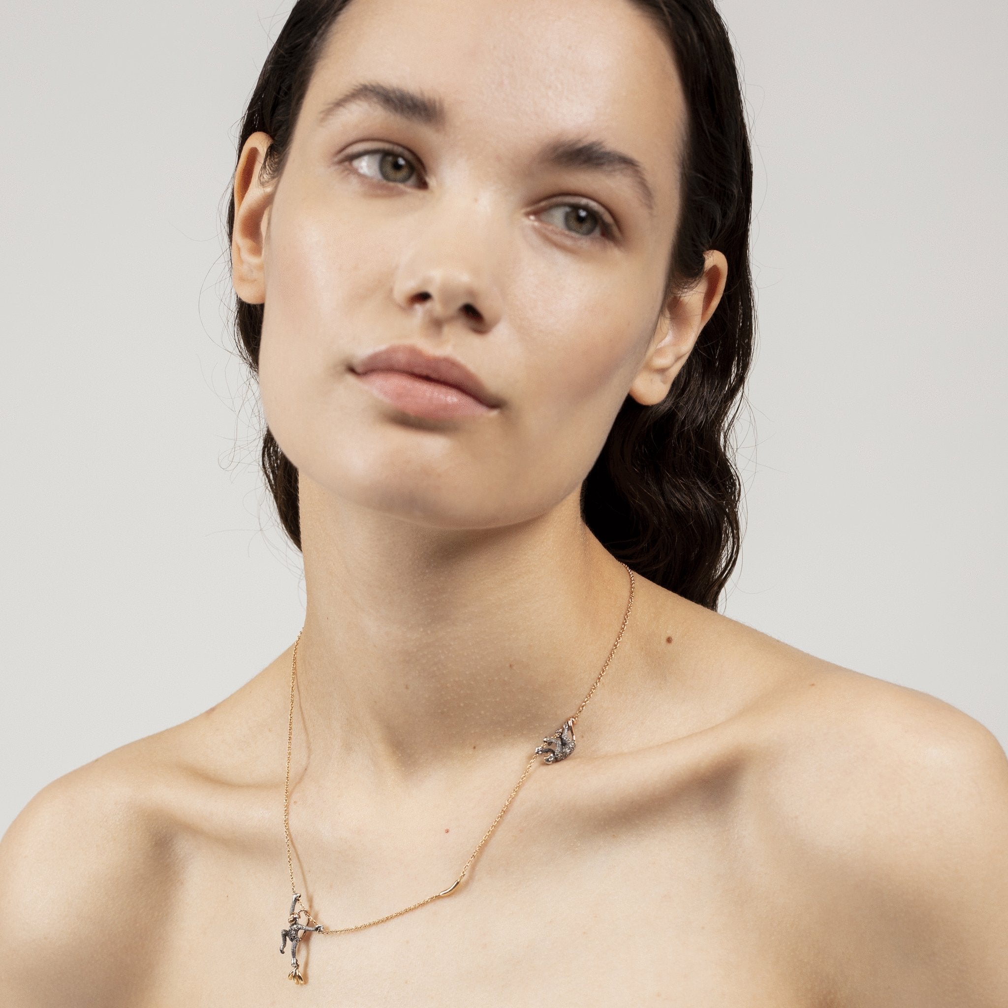 Bibi van der Velden Two Monkey Rosegold, Silver & Gold Chain Necklace w ...